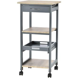 HOMCOM Chariot de service desserte de cuisine &agrave; roulettes 2 &eacute;tag&egrave;res + plateau amovible + tiroir bois de pin mdf blanc ch&ecirc;ne clair