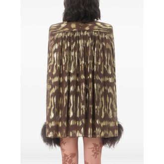 Valentino Jacquard Silk with Feather-Trimmed Cuffs Shirt - Brown
