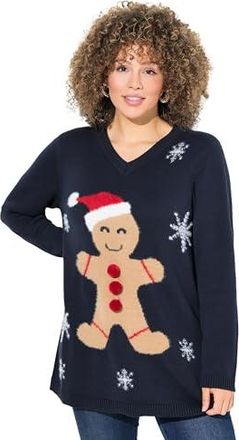 Ulla Popken Femme Grandes Tailles Pull de Noël à col en V et Manches Longues, Motif Bonhomme en Pain dépices Marine 62+ 824473130-62+