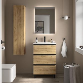 Cygnus Bath Meuble de salle de bain BEQUIA METAL 3C 60cm Ch&ecirc;ne Vasque Porcelaine Centrale