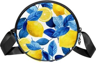 Generic Sac &agrave; bandouli&egrave;re circulaire pour femme, motif feuilles bleues, petit sac &agrave; bandouli&egrave;re avec fermeture &eacute;clair, bretelles r&eacute;glables, sac &agrave; main rond d&eacute;