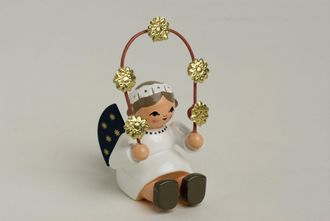 KWO Olbernhau Olbernhau Engel mit Sternbogen, sitzend, 4 cm, Holz, Mehrfarbig