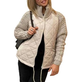 Generic Veste en tricot patchwork l&eacute;g&egrave;re avec fermeture &eacute;clair et col montant pour femme - V&ecirc;tement dext&eacute;rieur matelass&eacute; avec poches et cordon de serrage &agrave; la
