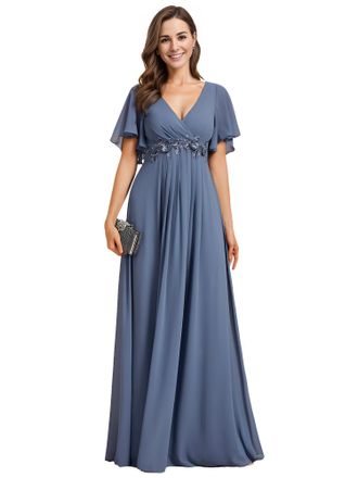 Ever-pretty Damen Abendkleid Lang Elegant für Hochzeit Appliziertes V-Ausschnitt A-Linie Ballkleider Chiffon Brautjungferkleider Staubige Marine 38