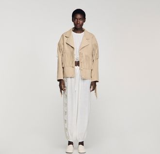 Sandro Blouson cuir su&egrave;de &agrave; franges