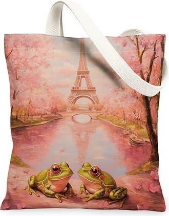 Generic Sac fourre-tout en toile motif grenouilles romantiques pour le shopping 33 x 38 cm, sac &agrave; bandouli&egrave;re r&eacute;utilisable pour femme, peinture animale, d&eacute;cor