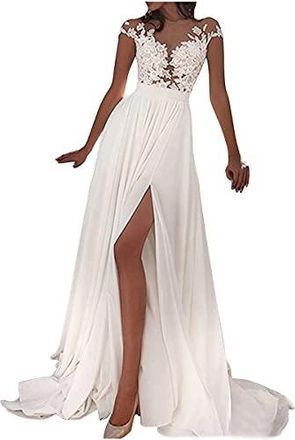 Onsoyours Robe de mariée Femme Élégant Dentelle Col V Dos Nu sans Manches Robes Longue de Nuptiale Soirée Princesse Demoiselle dhonneur Blanc 04 XL