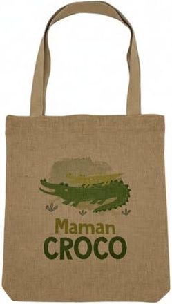 Fabulous Sac Shopping Tote Bag Aspect Lin - Maman Croco et son B&eacute;b&eacute; Crocodile Dessin Illustration - Sac de Courses Toile Epaisse 360g Beige Naturel Cabas Port&eacute;