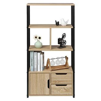 Woltu Étagère de Rangement avec Compartiments Ouverts, Armoire et Tiroirs, Meuble de Rangement pour Salon, Cuisine, Bureau, en MDF et Métal et 58x24x120cm, 
