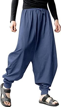 Generic Pantalon de loisirs pour homme en coton et lin - Pantalon sarouel pour homme - Tendance - Pantalon de jogging ample - Couleur unie - Grandes tailles -