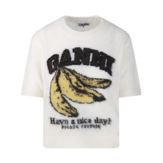 Ganni Brushed Alpaca Graphic T-Shirt - - Knitwear - Damen - Wei&szlig; - S