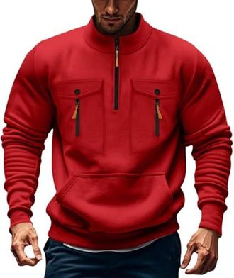 Generic Sweat-shirt sans capuche en polaire pour homme - Demi-fermeture &eacute;clair - Manches longues - Coupe droite - Confortable - T-shirt dext&eacute;rieur doux - Prin