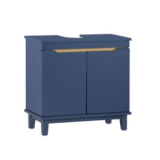 SoBuy Meuble sous-Lavabo - Armoire de Salle de Bain avec Portes - Meuble sous-Vasque, Placard de Rangement Étroit en Bois pour Petits Espaces, Bleu foncé, 6