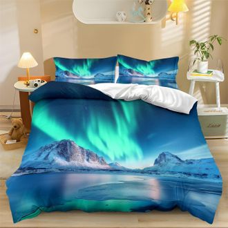 Generic Bedruckter Bettbezug Himmlische Wunder Das Nordlicht 3 teilig MicrofaserWende Bettwäsche 200 x 200 cm Blau Bettwäsche Set und Kissenbezug 80x81 cm mit