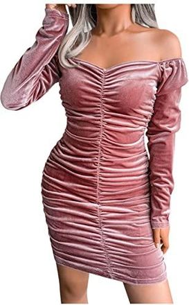 Generic 2026 Robes amincissantes pour femmes, sweatershirts &agrave; manches longues, l&eacute;ger, col carr&eacute;, &eacute;paules d&eacute;nud&eacute;es, robe fronc&eacute;e de couleur unie, rose, M