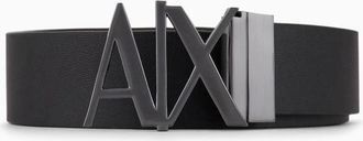 A|X Armani Exchange Mens Essenial, Double face, Metal Logo Plaque Belt, Black/Dark Brown, 34