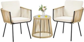 Yaheetech Ensemble Bistro 2 Personnes Salon de Jardin en Osier 3 Pi&egrave;ces avec Fauteuils &agrave; Coussins Table Basse &agrave; Cadre M&eacute;tallique Plateau en Verre Tremp&eacute;