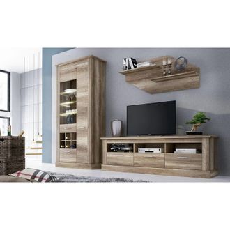 PEGANE Pegane - Ensemble de salon meuble tv + &eacute;tag&egrave;re murale + vitrine avec led coloris ch&ecirc;ne vieilli