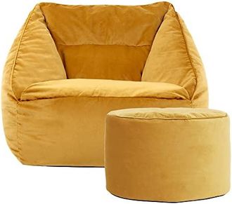 Icon Brand Natalia Sitzsack Sessel mit Sitzpuff f&uuml;r Erwachsene, Gelb, Flauschiger Samtstoff, Riesen Sitzsack Samt mit F&uuml;llung, Bean Bag Chair, Bequemer Sessel Wo