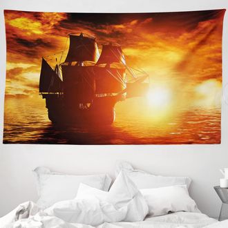 Abakuhaus Piratenschiff Wandteppich und Tagesdecke, Schiff Sonnenuntergang aus Weiches Mikrofaser Stoff Waschbar ohne Verblassen Digitaldruck, 230 x 140 cm, Sch