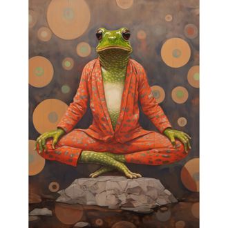 Artery8 The Enlightened Frog Meditation Yogi Conceptual Artwork Green Coral Pink Yoga Mindfulness Large XL Wall Art Canvas Print
