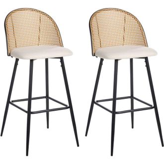Beliani Barstuhl 2er Set Creme und Schwarz Metall mit Fu&szlig;st&uuml;tze Hohe R&uuml;ckenlehne Wiener-Geflecht Retro Design Wohnzimmer K&uuml;che Bar Wohnk&uuml;che Ausstattung