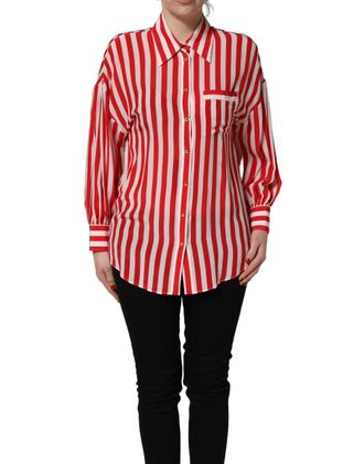 Dolce & Gabbana Womens Red White Striped Long Sleeve Silk Blouse Top And