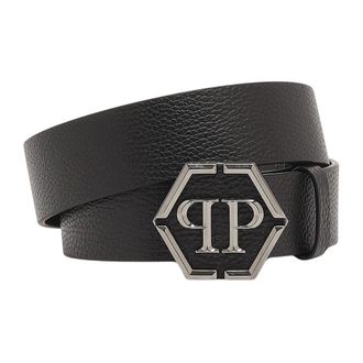 Philipp Plein Homme, Accessoires, Noir, Taille: 90 CM Ceinture Hexagone en Cuir Grain Souple
