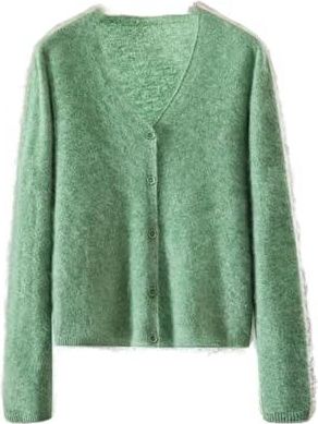 Generic Cardigan en laine de mouton et cachemire sans couture pour femme Col en V Manches longues Tricot &agrave; simple boutonnage, Bambou vert, M