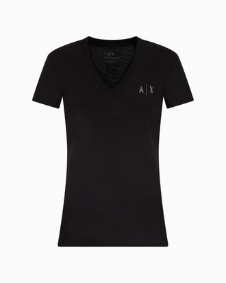 A|X Armani Exchange Womens Arte Sella, Shiny Logo, V Neck,Slim Fit,Black,L