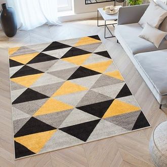 Tapiso Lazur Tapis Poil Ras Moderne Noir Jaune Gris G&eacute;om&eacute;trique Motif Mosa&iuml;que Triangles Tapis Salon Chambre Adulte Salle &agrave; Manger Bureau Oeko-TEX R&eacute;sistant 