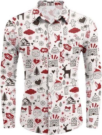 Coofandy Chemise de No&euml;l Homme Manches Longues Christmas Shirt Boutonn&eacute;e Motif Festif Holiday Shirt Cadeau Blanc de No&euml;l XXL