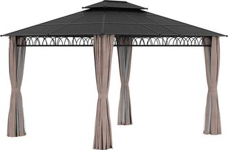 OUTSUNNY Pavillon de jardin tonnelle rigide dim. 3,6L x 3l x 2,78H m rideaux latéraux anti-UV structure gris toit polycarbonate noir
