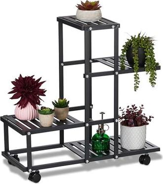 Relaxdays Blumenständer mit Rollen, HxBxT: 60,5 x 61,5 x 26 cm, Metall, 4 Ablagen, Pflanzenständer für innen, schwarz
