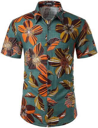 JOGAL Herren Casual Floral Blumenmuster Kurzarm Hawaiihemd 3X-Large GreenVintage