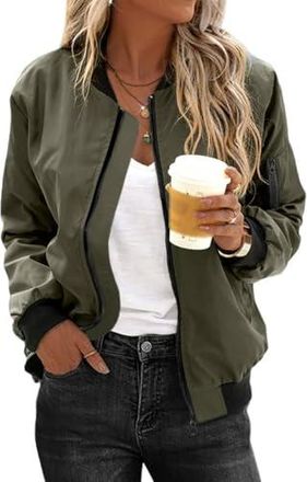 Minetom Vestes pour Femmes Chic Motard Blouson Printemps Été Léger Bomber Blouson Outerwear Décontractées Zippée Manteau Col Montant Vêtements De Sport A Vert