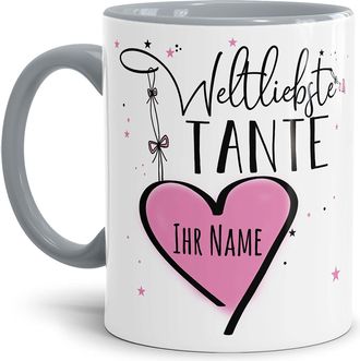 Tassendruck Keramik Tasse - Weltliebste Tante - zum selbst gestalten mit Name - Geschenk für die beste Tante - Innen & Henkel Grau, 300 ml