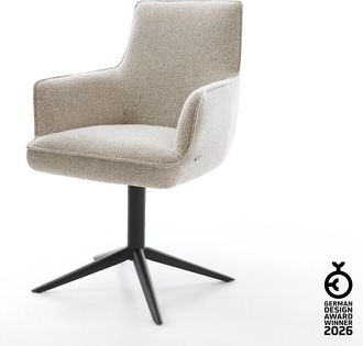 DELIFE Drehstuhl Heira-Flex mit Armlehnen Webstoff Soft Beige Fu&szlig;kreuz Schwarz 360&deg; drehbar Wippfunktion Taschenfederkern, Esszimmerst&uuml;hle