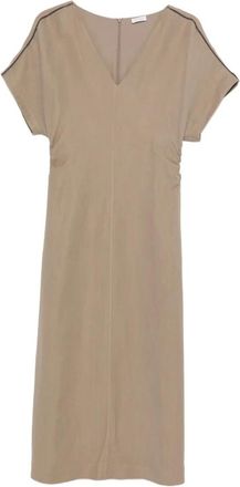Brunello Cucinelli Femme, Robes, Beige, Taille: 40 FR Robe Midi D&eacute;taill&eacute;e &agrave; Col V