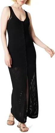 The Drop Robe Longue pour Femme, en Crochet à Plusieurs Motifs, avec Boutons sur Le Devant, Noir, 3XL Grande Taille