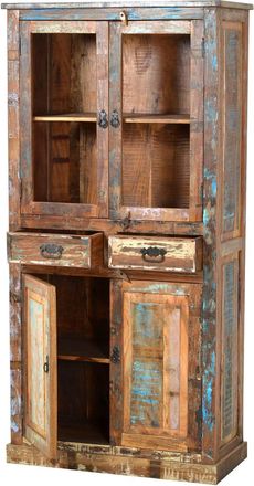 SIT-Möbel Riverboat 9108-98 Vitrine, je 2 Holz & Glastüren, 2 Schubladen, recyceltes Altholz, bunt lackiert, 90 x 40 x 180 cm