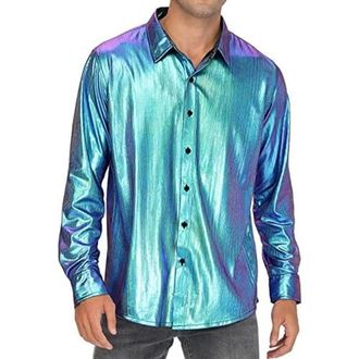 Generic Chemise brillante m&eacute;tallique boutonn&eacute;e &agrave; paillettes pour homme - Chemises disco des ann&eacute;es 70 - Chemise habill&eacute;e en satin &agrave; manches longues - Chemises