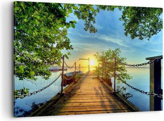 Arttor Bilder auf Leinwand 100x70cm Leinwandbild See Sonnenuntergang Boot Landschaft Groß Wanddeko Bild Schlafzimmer Deko Wandbilder Dekoration Wohnzimmer Wa