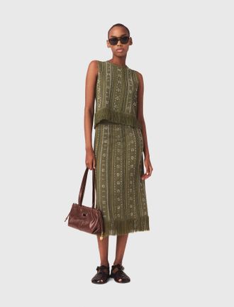 Maje Strickrock Mit Strassblumen - Khaki - Gr&ouml;&szlig;e 32 - Maje
