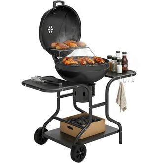 OUTSUNNY Barbecue &agrave; charbon Rond - Outsunny - avec couvercle Thermom&egrave;tre, Tables Lat&eacute;rales, &Eacute;tag&egrave;re Inf&eacute;rieure - 129 x 63,5 x 106,5 cm, Noir