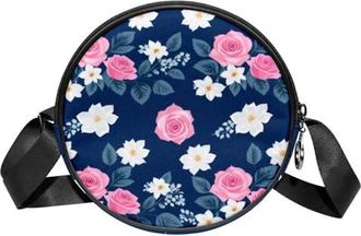 Generic Sac &agrave; bandouli&egrave;re rond pour femme, motif fleurs de roses, petit sac &agrave; bandouli&egrave;re avec fermeture &eacute;clair, bretelles r&eacute;glables, sac &agrave; main rond d&eacute;contra