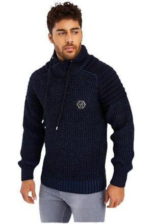 LEIF NELSON Pull en tricot pour homme | Manches longues Slim Fit | Sweat-shirt style motard avec col ch&acirc;le pour homme, bleu, Taille M