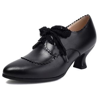 Generic Qynthra Chaussures Oxford Femme Style Collégien Bout Rond Talon Moyen Lacets Cuir PU avec Bord Ondulé Rétro pour École Et Quotidien,Noir,38 EU