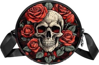Generic Petit sac &agrave; bandouli&egrave;re circulaire pour femme, motif cr&acirc;nes, fleurs, petit sac &agrave; bandouli&egrave;re avec fermeture &eacute;clair, bretelles r&eacute;glables, sac &agrave; main ro