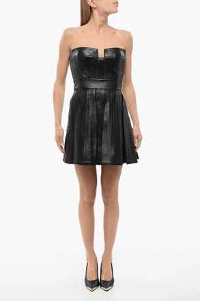 Balmain Leather Bustier Dress with Pleated Skirt Balmain